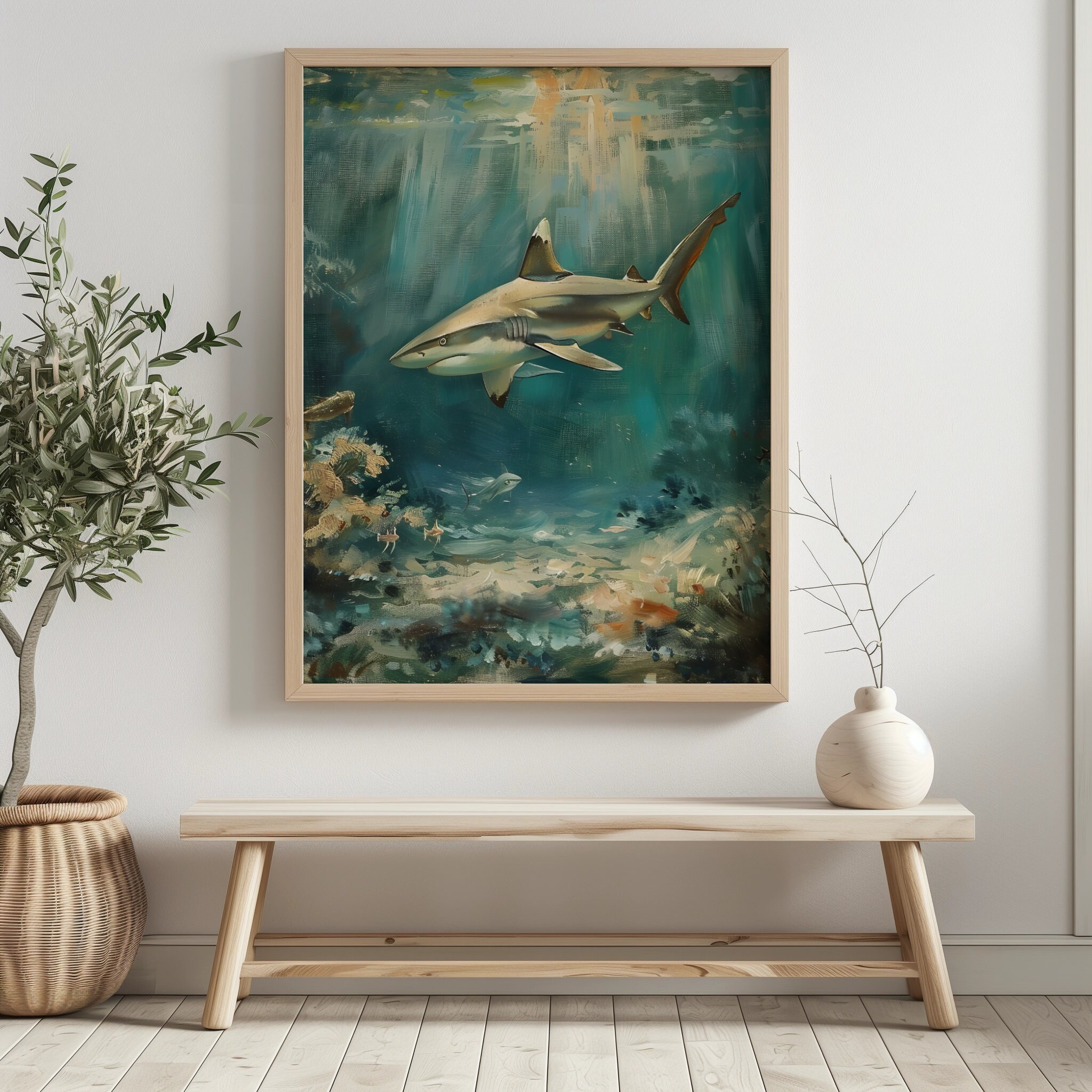Vintage Oil Painting of Sharks and Fishes Swimming Underwater Landscape ...