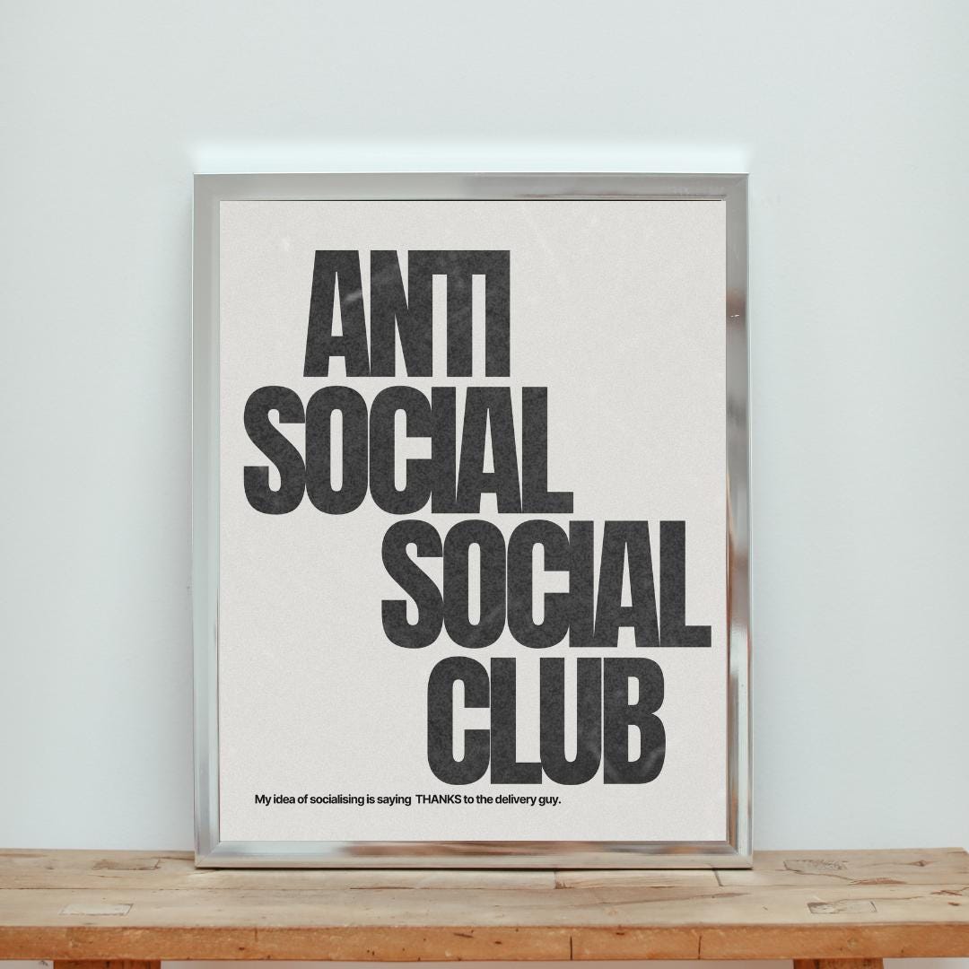Minimalist Black and White Poster . Antisocial Club . Retro Art . Gift ...