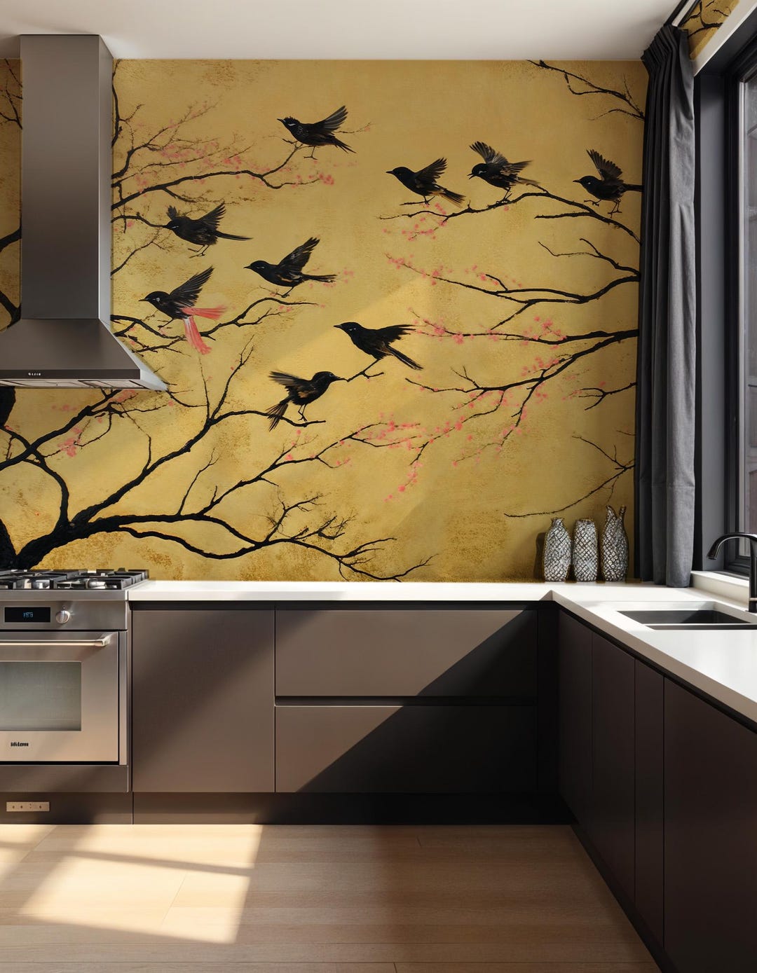 Gold Abstract Wallpaper With Birds, Tree Wallpaper Peel and Stick ...