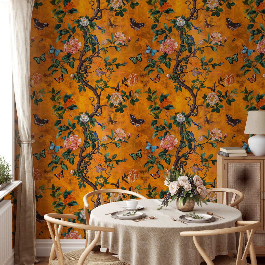 Orange Wallpaper Vintage, Floral Wall Mural With Butterfly , Orange ...