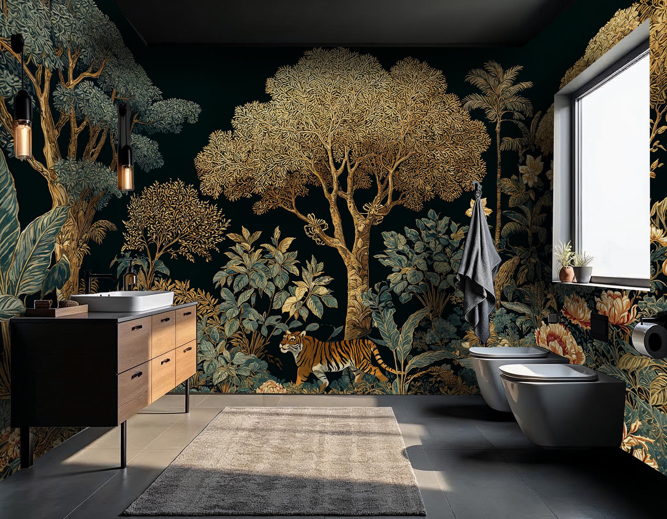 Golden Jungle Wallpaper Mural: Vintage Botanical Tiger Peel and Stick ...