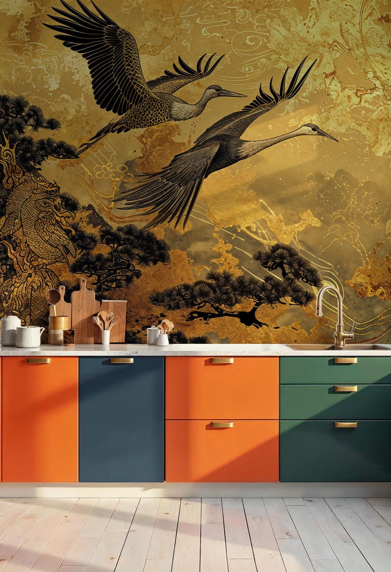 Golden Crane Wallpaper Mural: Japanese Oriental Wall Art - Etsy