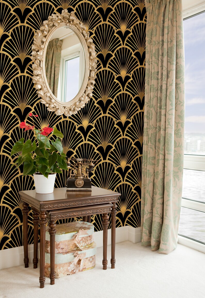 Vintage Art Deco Gold Wallpaper, Geometric Removable Wallpaper, Gold ...