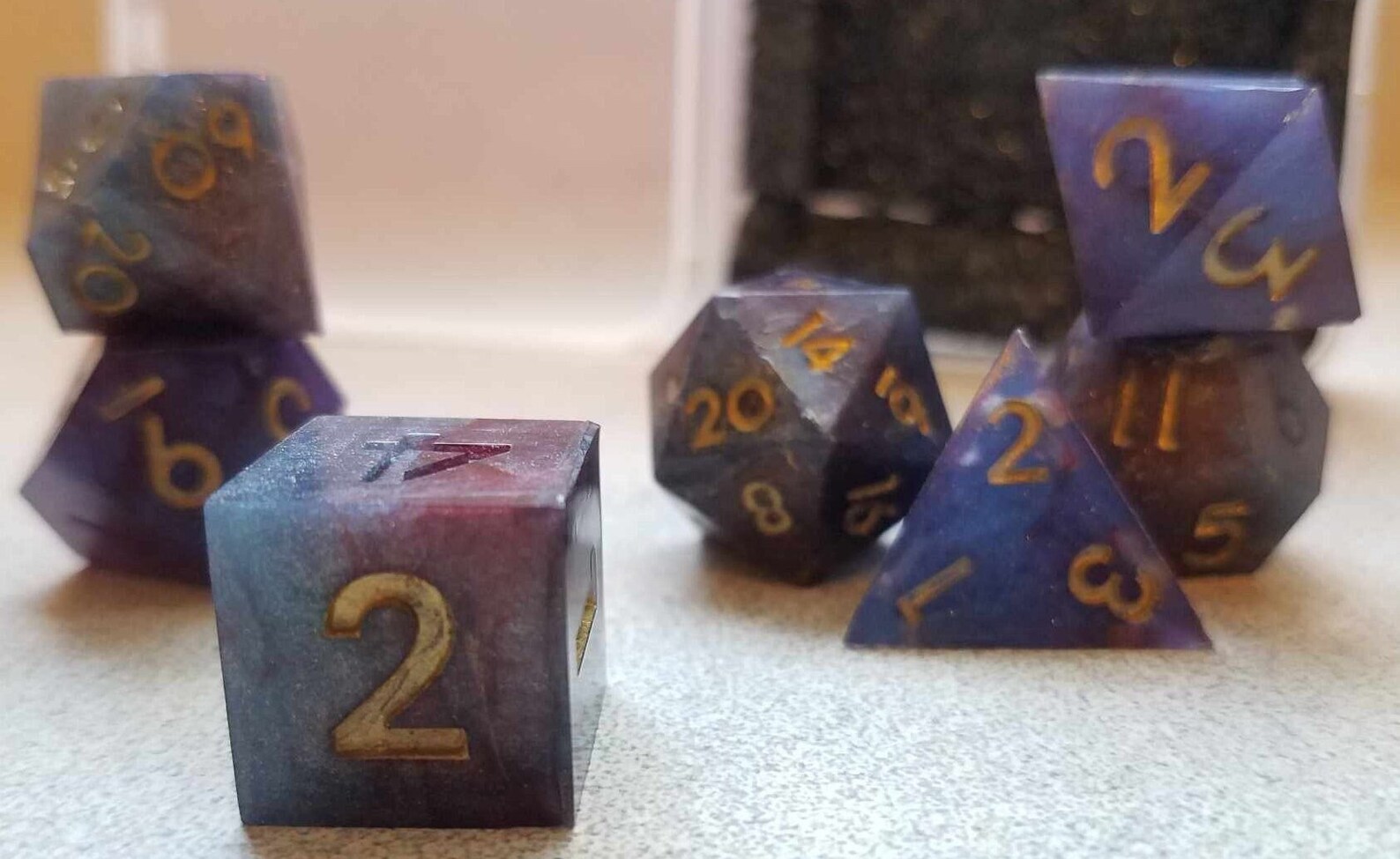 Full Set of 7 Dark Blue and Red Dice Cosmic Galaxy Magical Swirled Dice ...