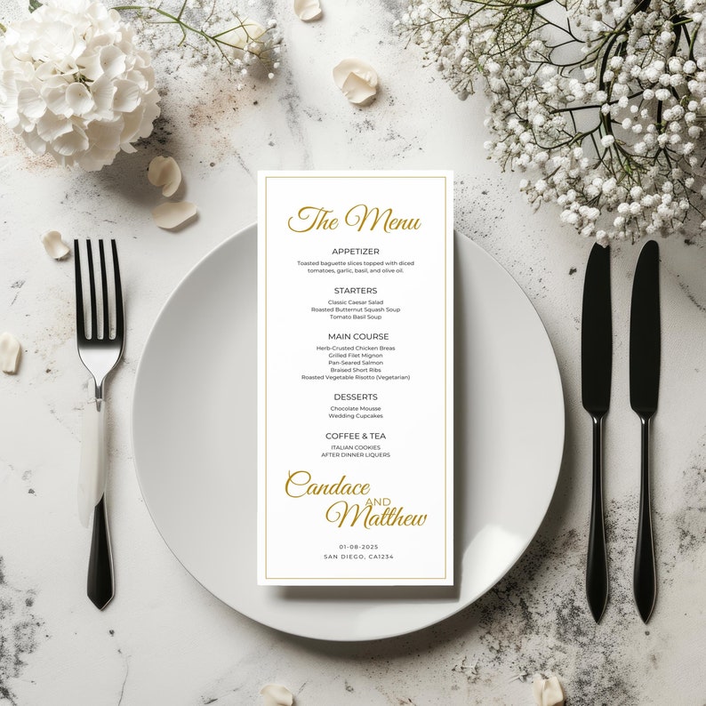 Gold Menu Template, Wedding Menu Template, Elegant Menu Template, Gold ...