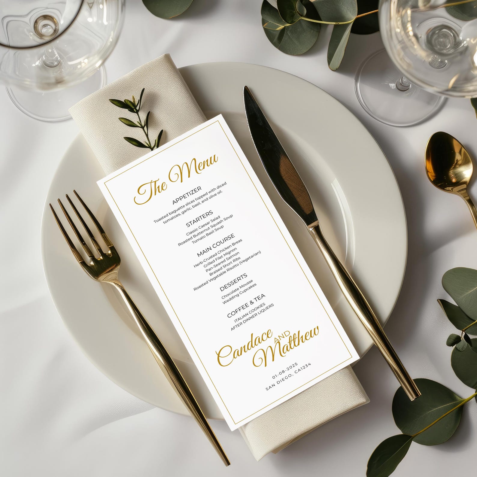 Gold Menu Template, Wedding Menu Template, Elegant Menu Template, Gold ...