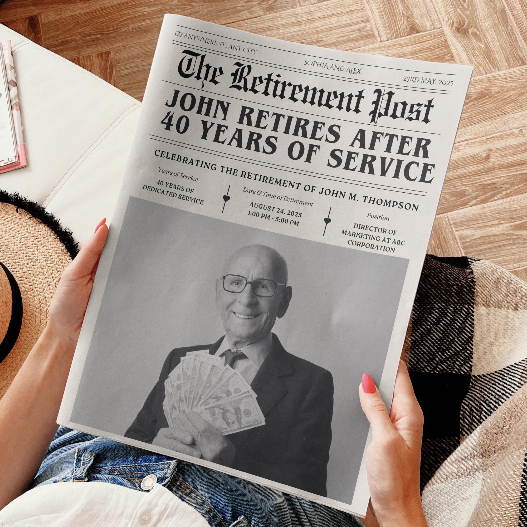 Retirement Newspaper | Work Anniversary Gift | Retirement Card Poster ...