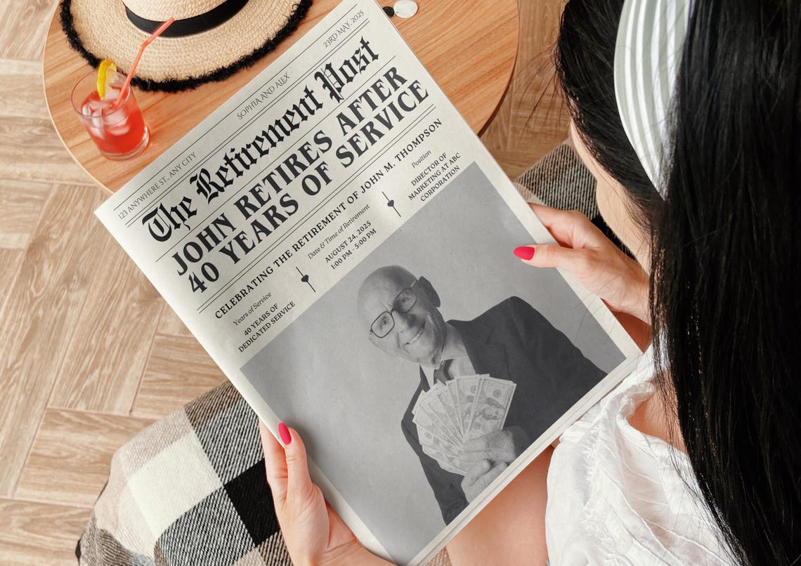 Retirement Newspaper | Work Anniversary Gift | Retirement Card Poster ...