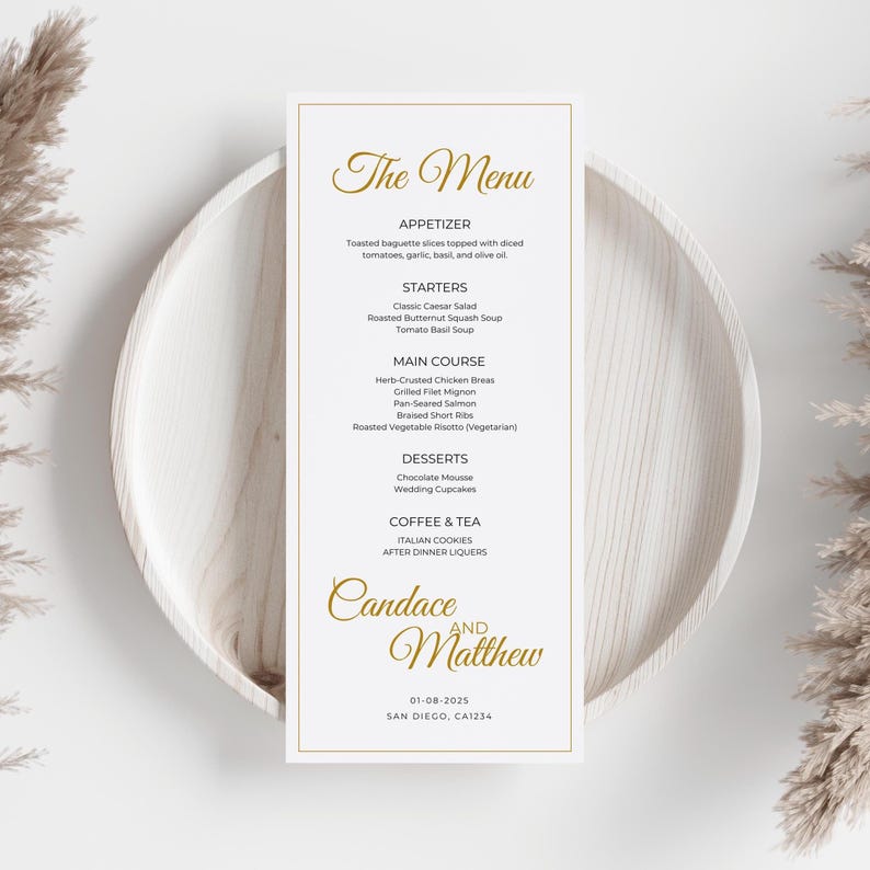 Gold Menu Template, Wedding Menu Template, Elegant Menu Template, Gold ...