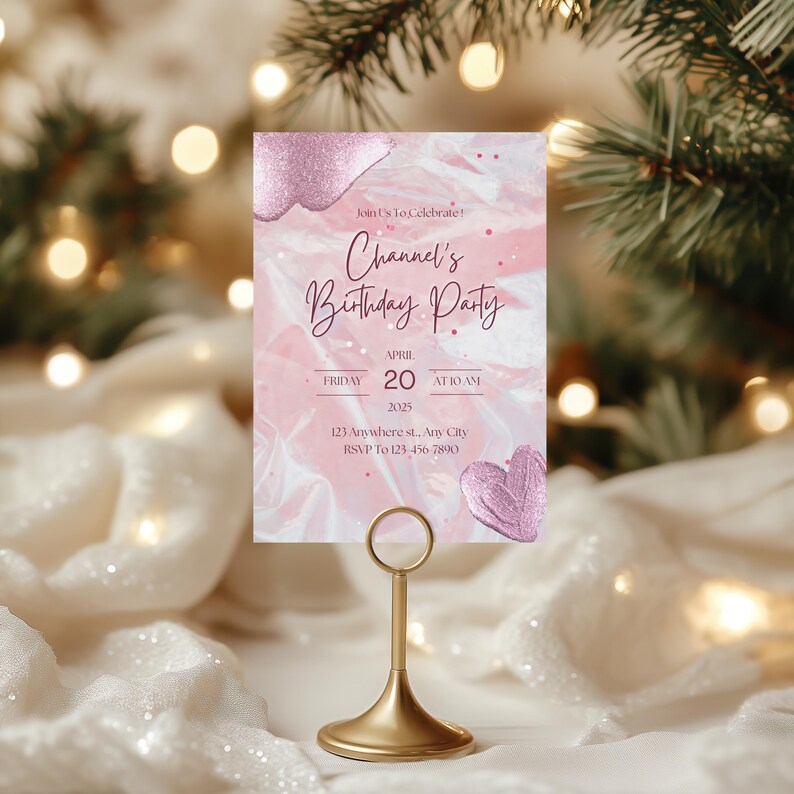 Blush Pink Glitter Birthday Invitation: Editable Template (5x7") - Etsy