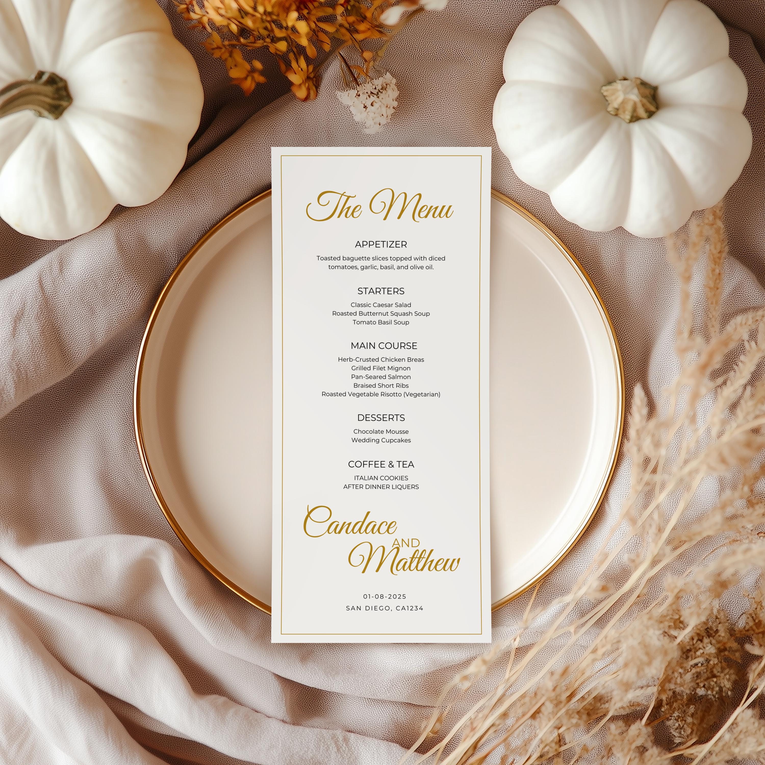 Gold Menu Template, Wedding Menu Template, Elegant Menu Template, Gold ...
