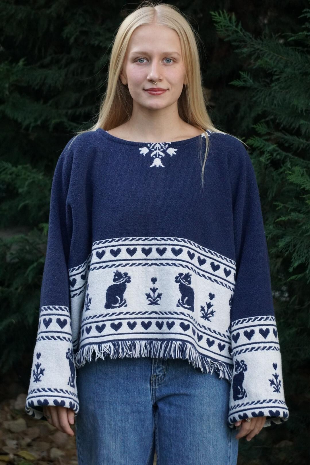 Handmade Oversized Blue and Cream Kitty Cat Sweater - Etsy