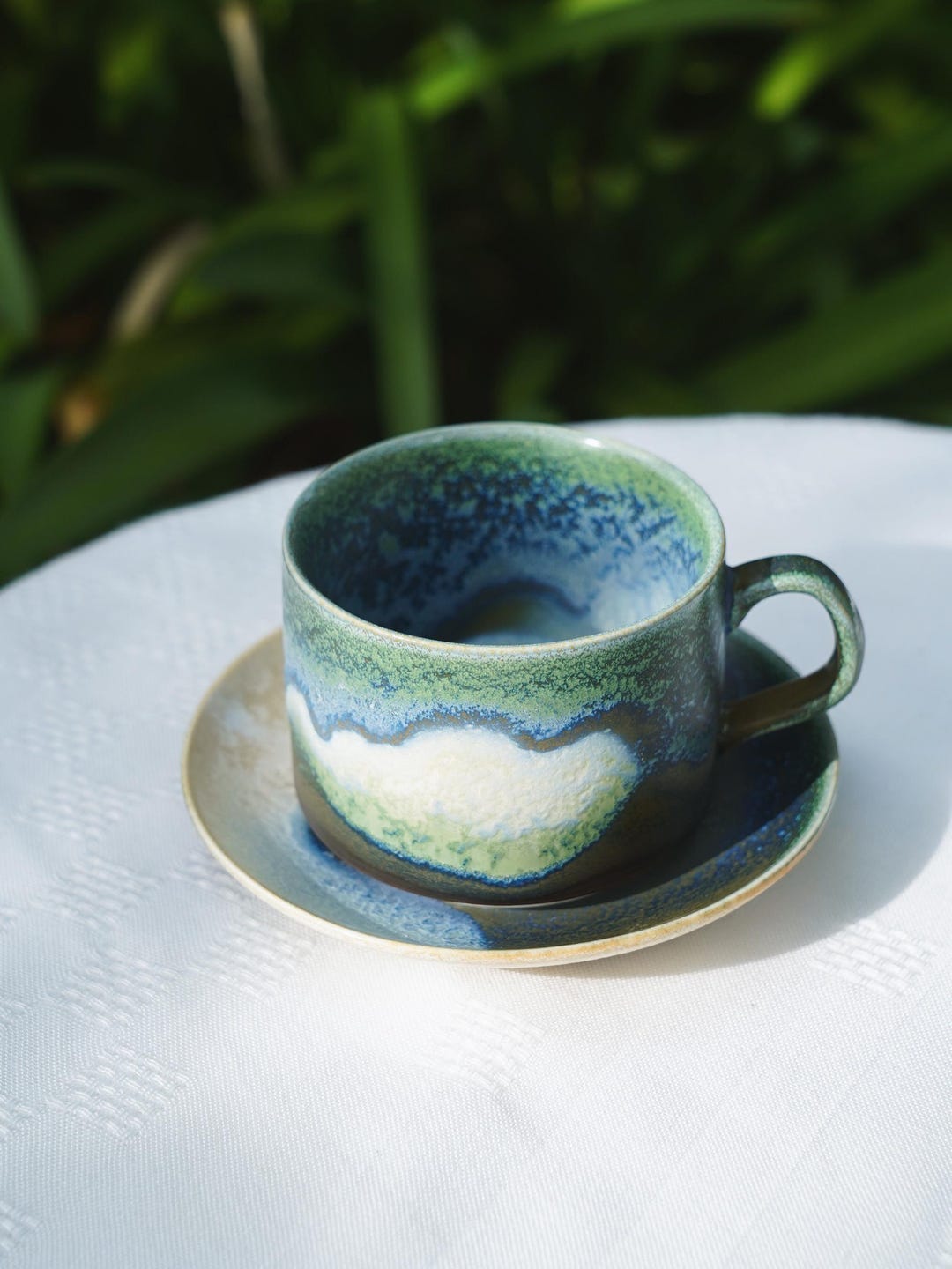 Handcrafted Ceramic Tea Cup and Saucer Set, Green Blue Glaze Porcelain ...