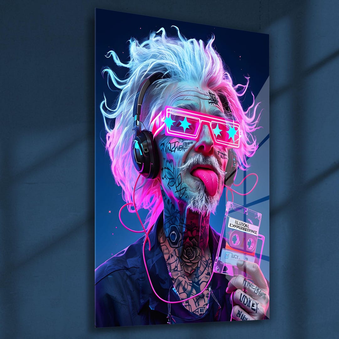 Neon Illuminated Old Man Glass Wall Art Tempered Glass Printing ...