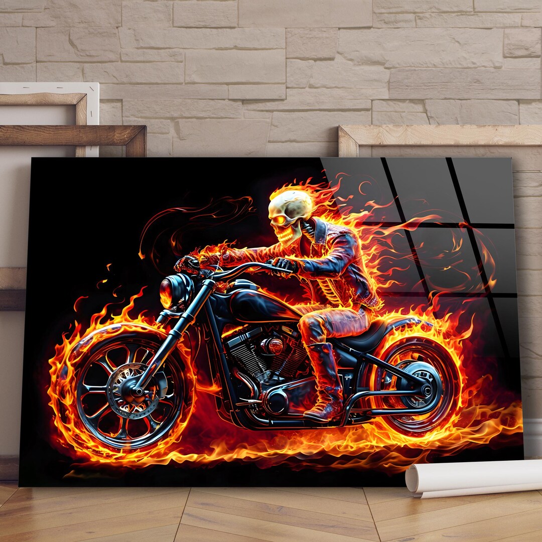 Flaming Skeleton Biker Glass Wall Art Tempered Glass Printing ...
