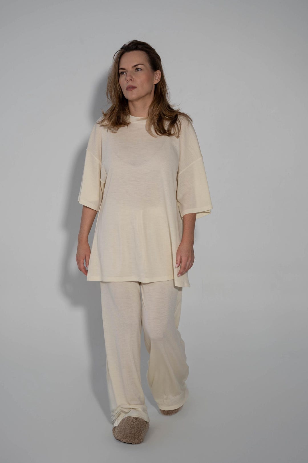Merino Wool Set, Lightweight Wool Oversized T-shirt and Wide Wool Pants ...