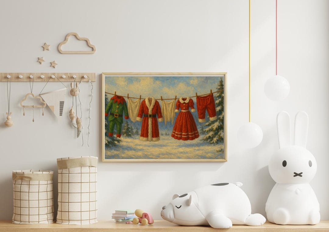 Vintage Christmas Clothesline Art Print, Santa, Elf Costume (digital ...