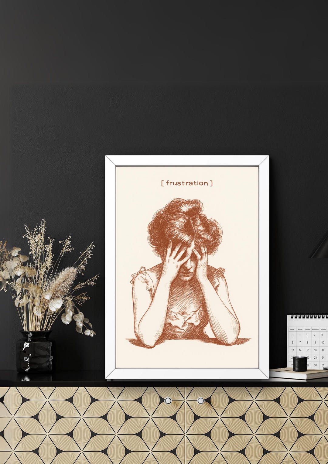 Vintage Frustration Portrait Print | Brick Red Emotional Art (digital ...