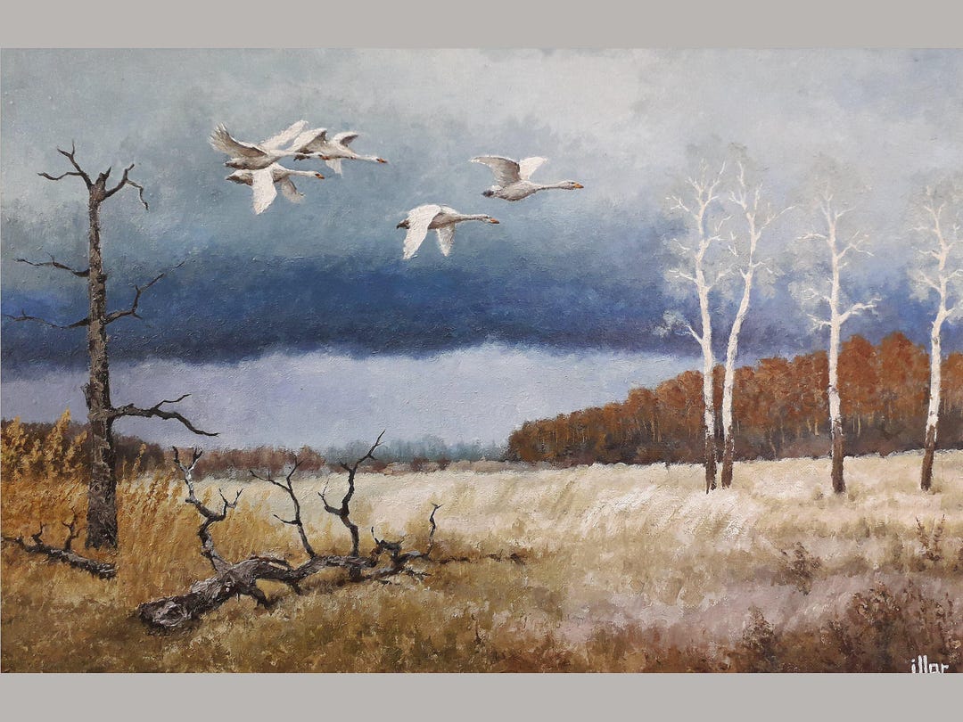 Nature Landscape With Flying Wild Geese, Original Acrylic Painting Late ...