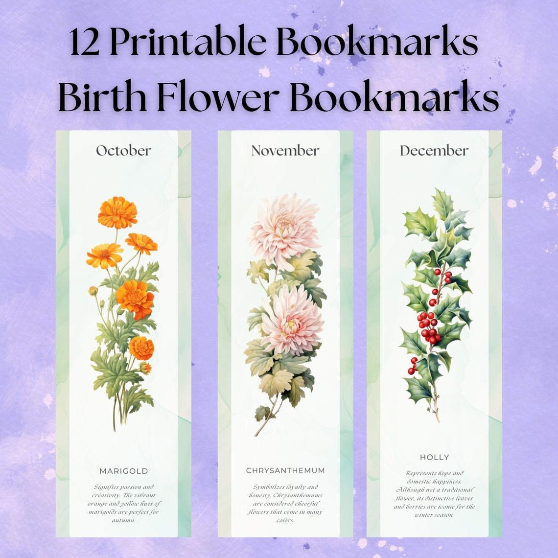 Printable Bookmarks, Birth Flower Printable Bookmarks, Bookmarks for ...