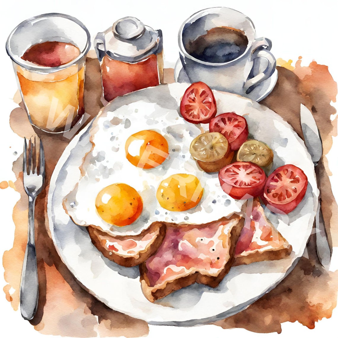 Delicious Breakfast Watercolour Clipart, 8 JPEG Images, Digital ...