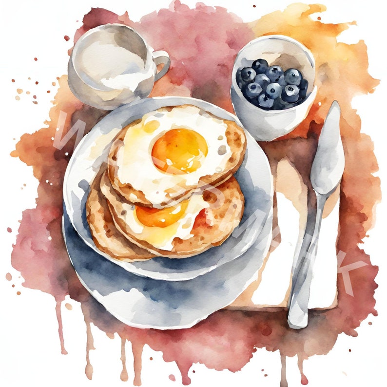 Delicious Breakfast Watercolour Clipart, 8 JPEG Images, Digital ...
