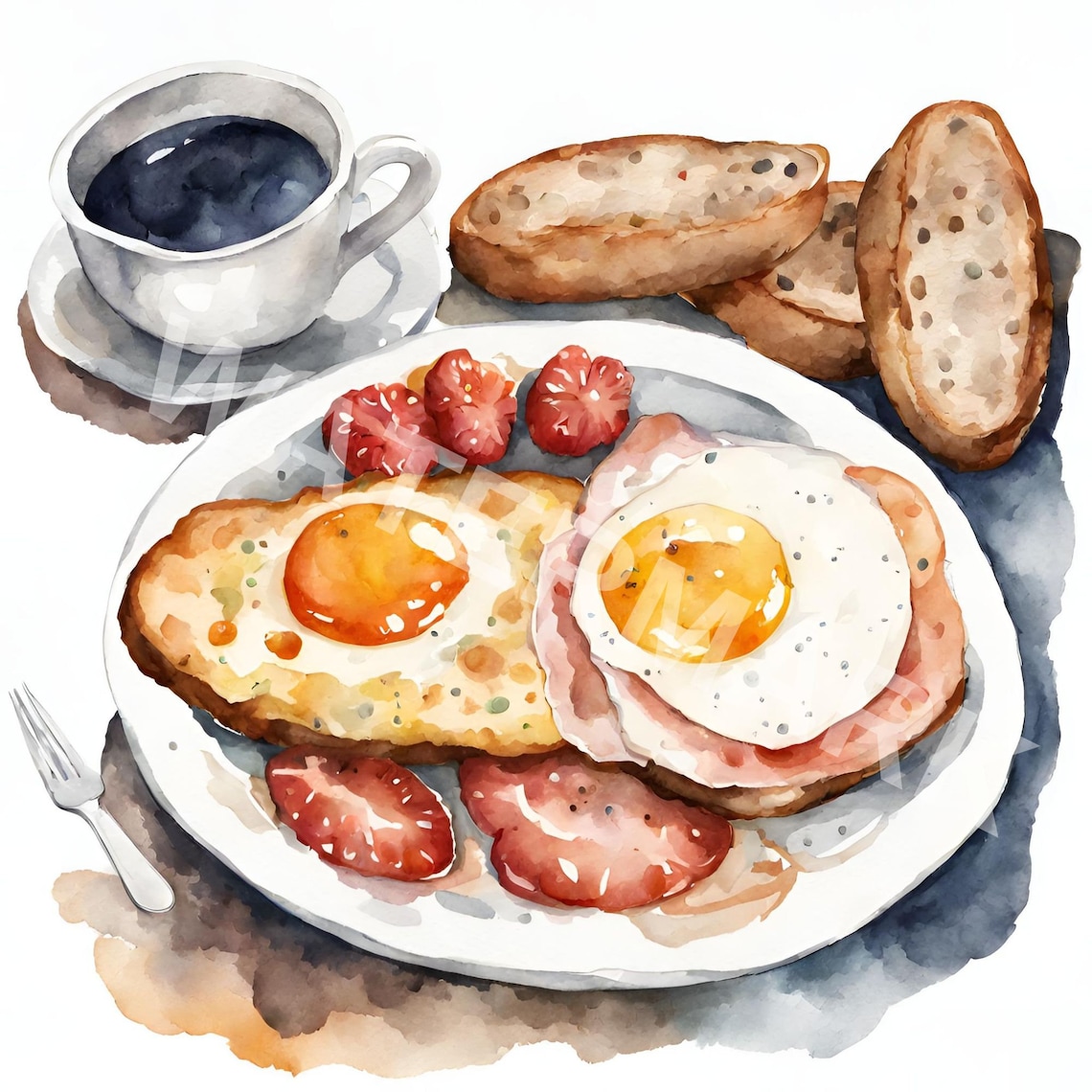 Delicious Breakfast Watercolour Clipart, 8 JPEG Images, Digital ...