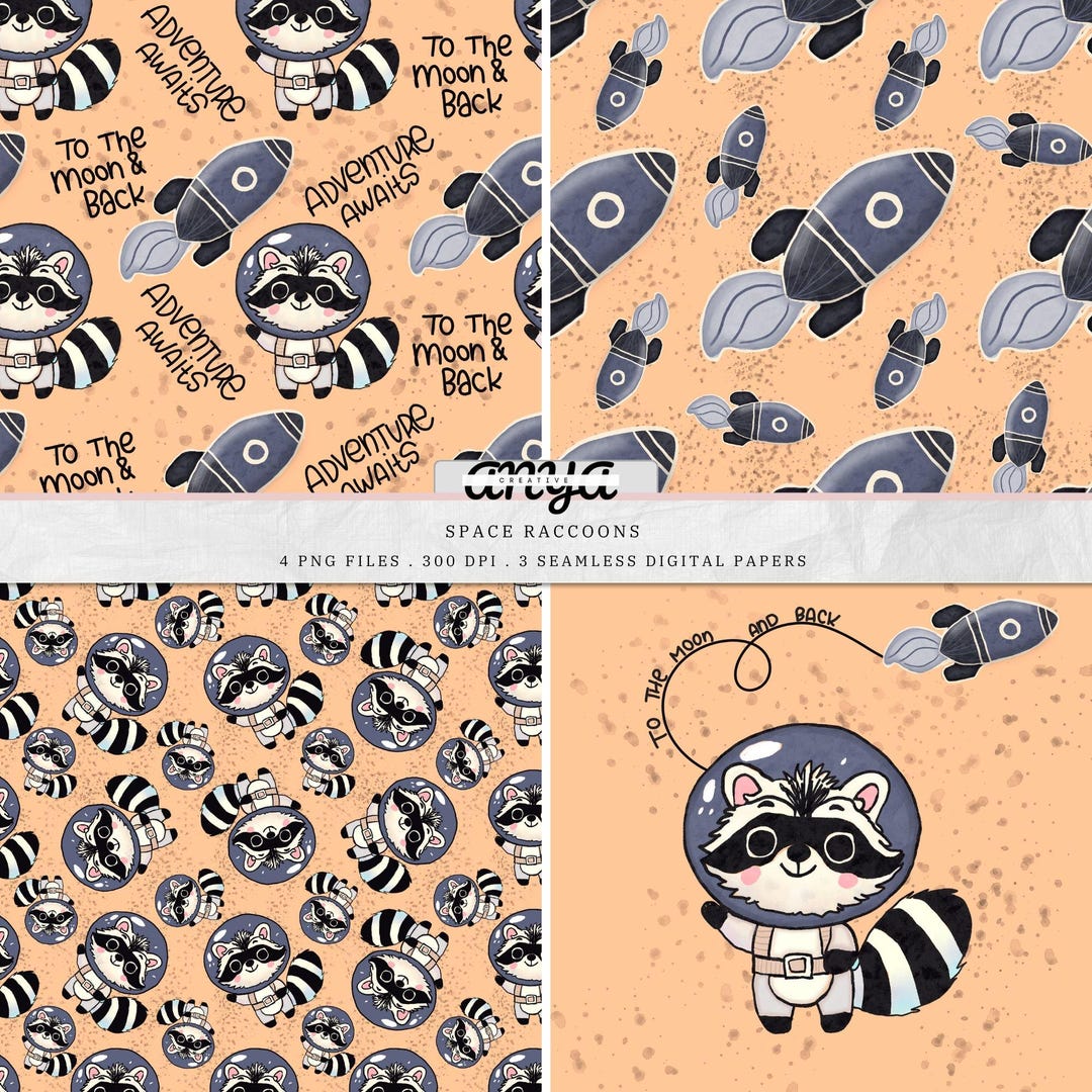 Space Raccoons BUNDLE Orange Seamless Pattern 300 DPI PNG Instant ...