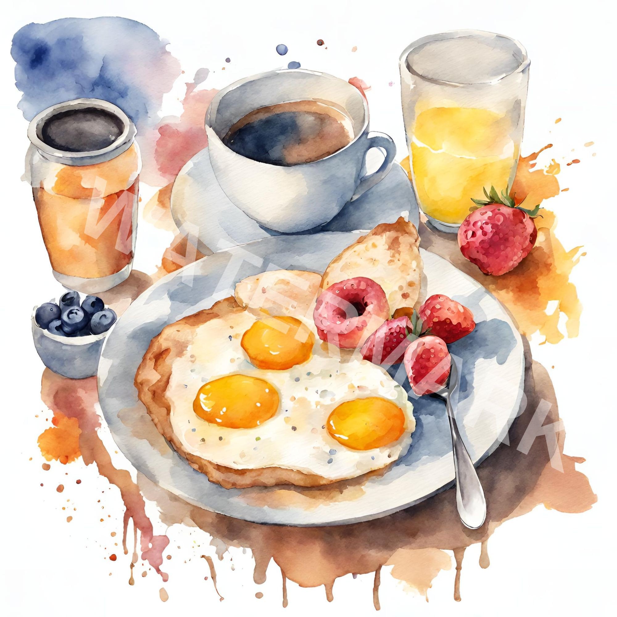 Delicious Breakfast Watercolour Clipart, 8 JPEG Images, Digital ...