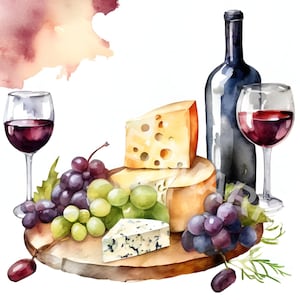 Wine and Cheese Watercolour Clipart Vol2, 20 JPEG Images, Digital ...