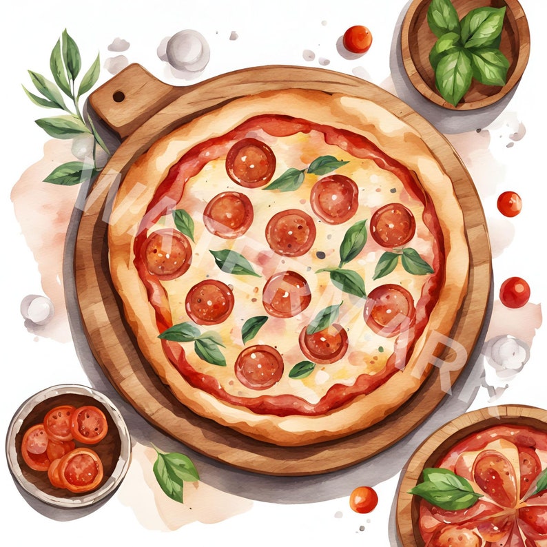 Pizza Party, Italian Pizza Watercolour Clipart, Food 8 JPEG Images ...