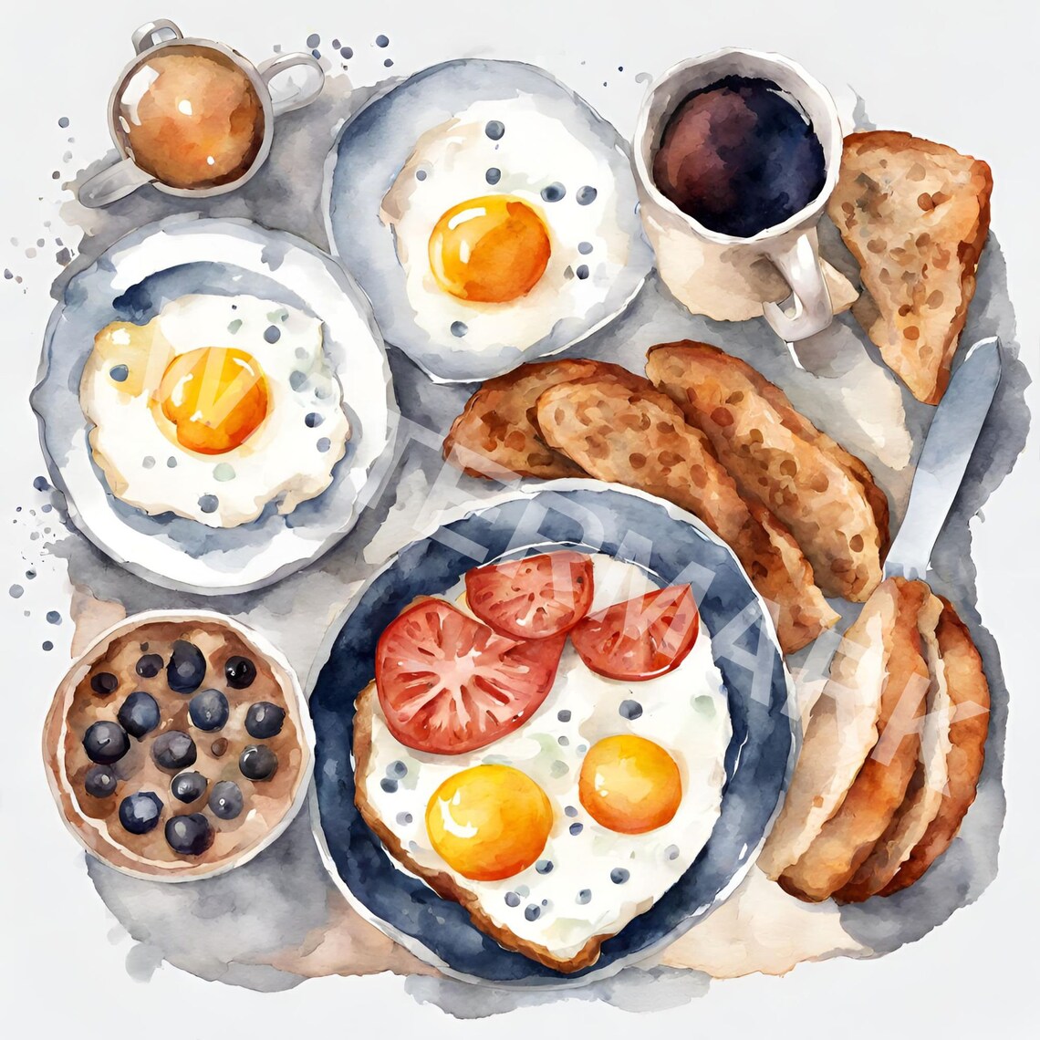 Delicious Breakfast Watercolour Clipart, 8 JPEG Images, Digital ...