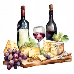 Wine and Cheese Watercolour Clipart Vol2, 20 JPEG Images, Digital ...