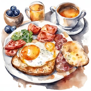 Delicious Breakfast Watercolour Clipart, 8 JPEG Images, Digital ...