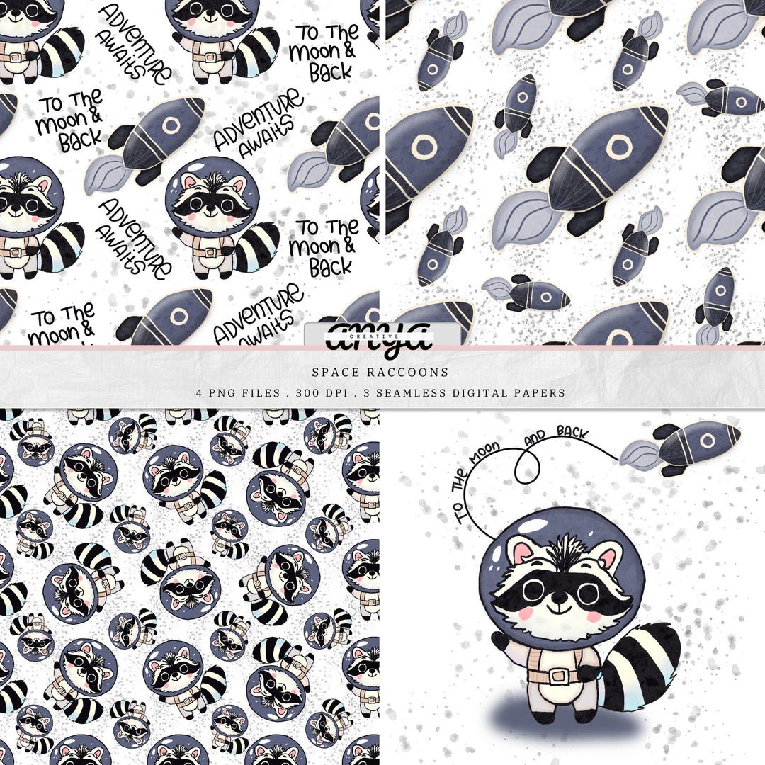 Space Raccoons BUNDLE White Seamless Pattern 300 DPI PNG Instant ...