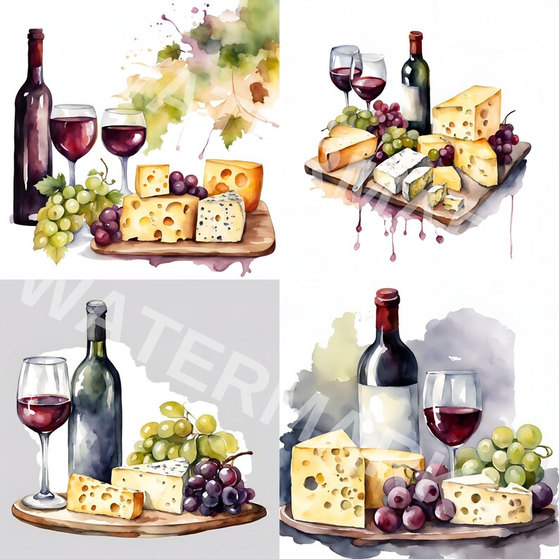Wine and Cheese Watercolour Clipart Vol2, 20 JPEG Images, Digital ...