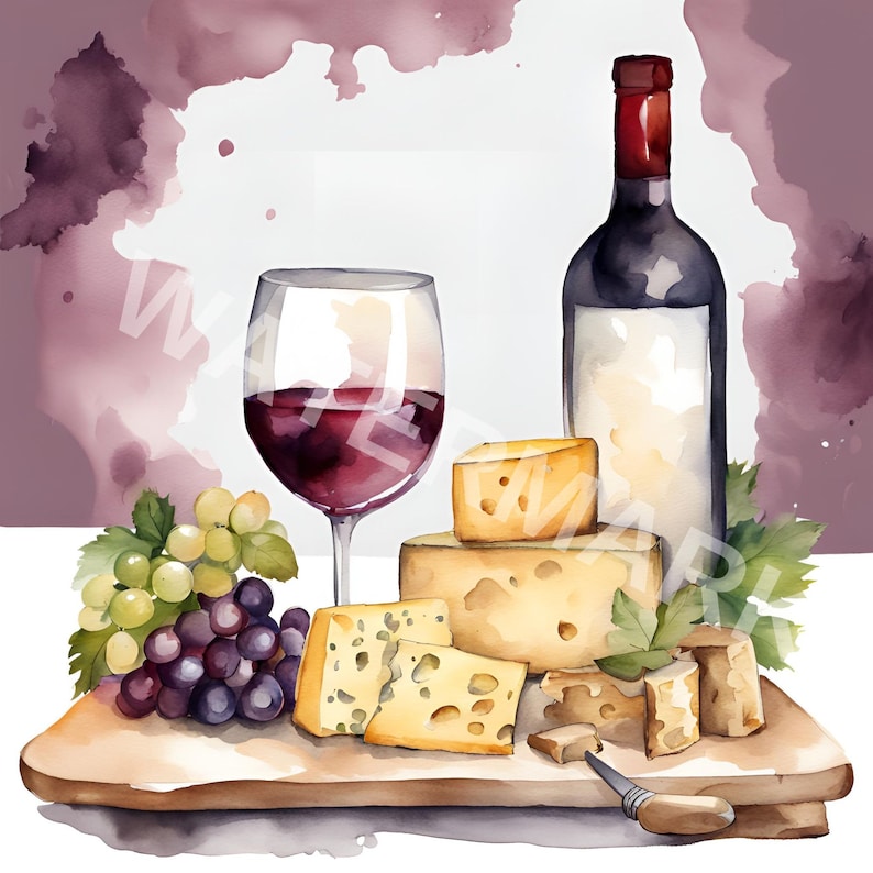 Wine and Cheese Watercolour Clipart Vol2, 20 JPEG Images, Digital ...