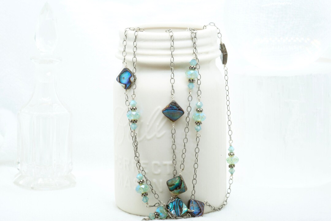 Abalone Pacific Blue Opal AB Swarovski Crystal Sterling Silver Necklace ...