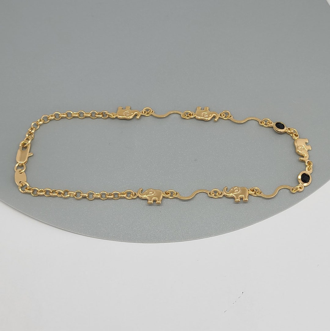 Black Stone Elephant Anklet, 18K Gold Filled, Rolo Link Anklet ...