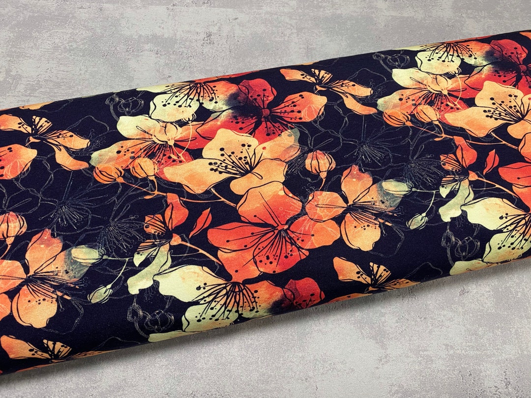 Stoff Meterware French Terry dunkelblau orange apricot gelb Blumen/Blüten - Etsy.de