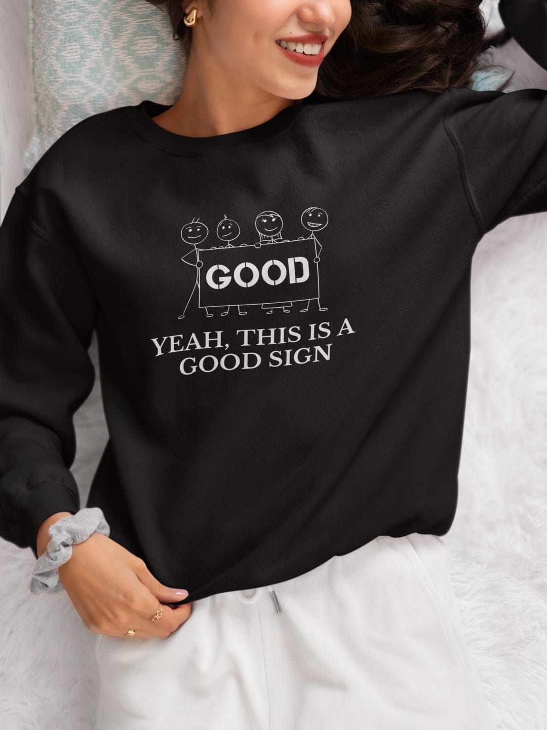 Team of Stick Figures Holding up a Sign Reading good With a Quote yeah ...
