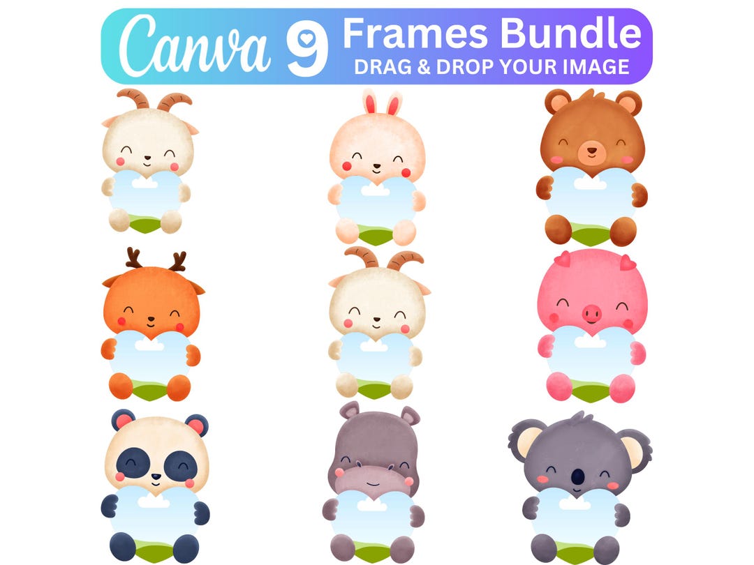 Cute Watercolor Animals Hugging Canva Drag & Drop Heart Frame Bundle ...