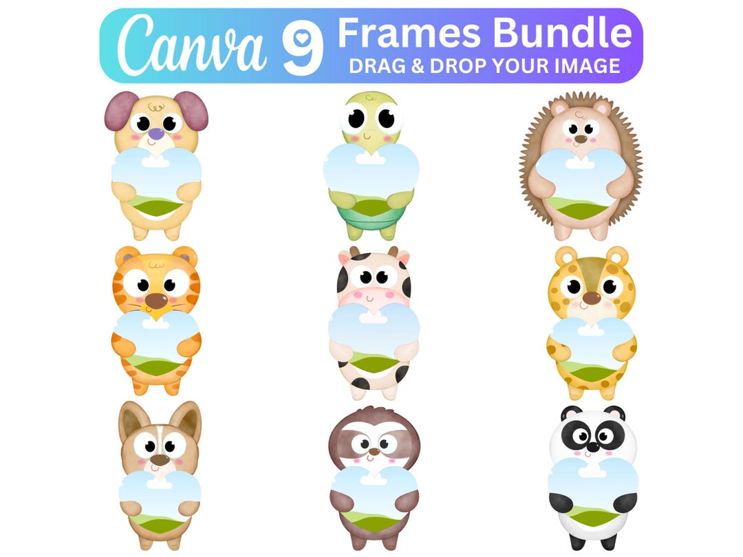 Cute Watercolor Animals Hugging Canva Drag & Drop Heart Frame Bundle ...