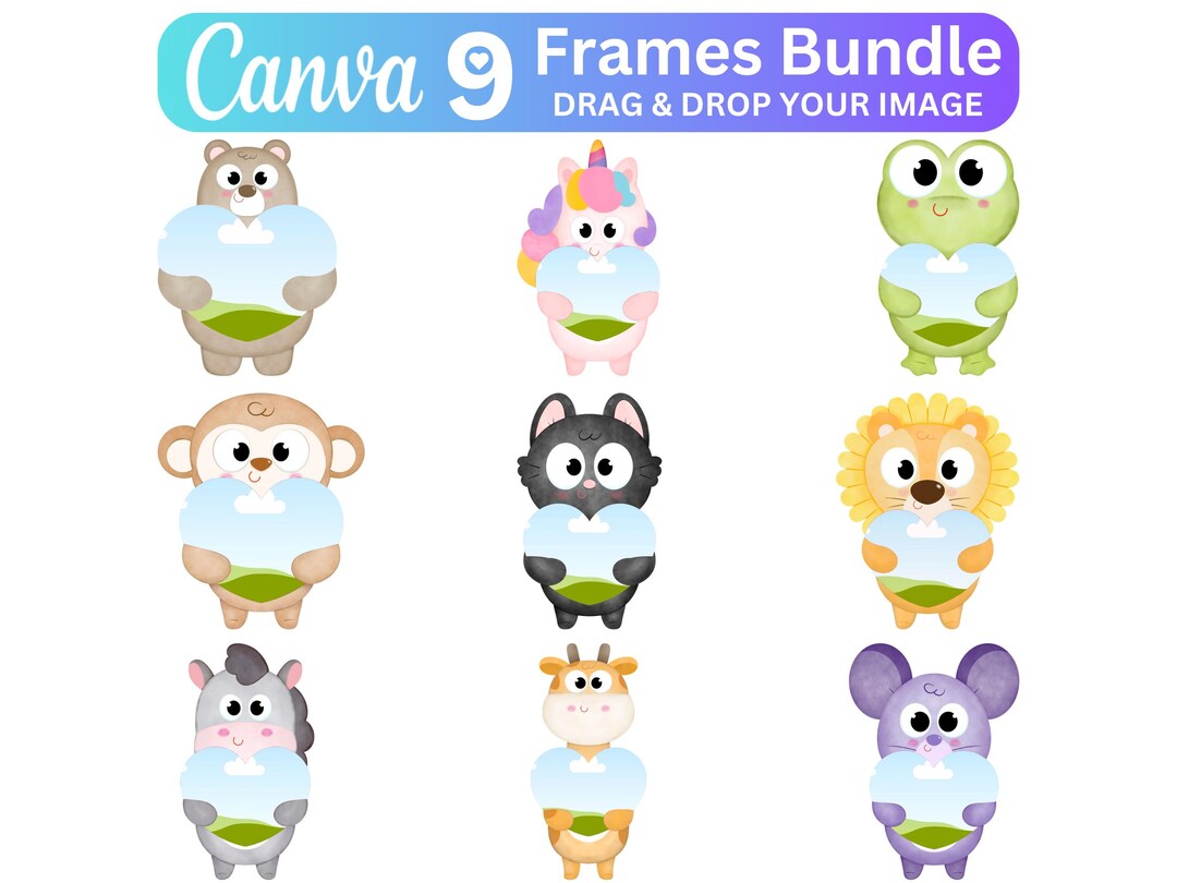 Cute Watercolor Animals Hugging Canva Drag & Drop Heart Frame Bundle ...