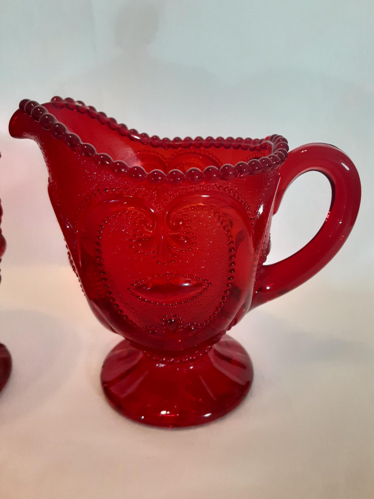 Mosser Glass Bright Ruby Red Cream & Sugar Service. Ornate Sweetheart ...