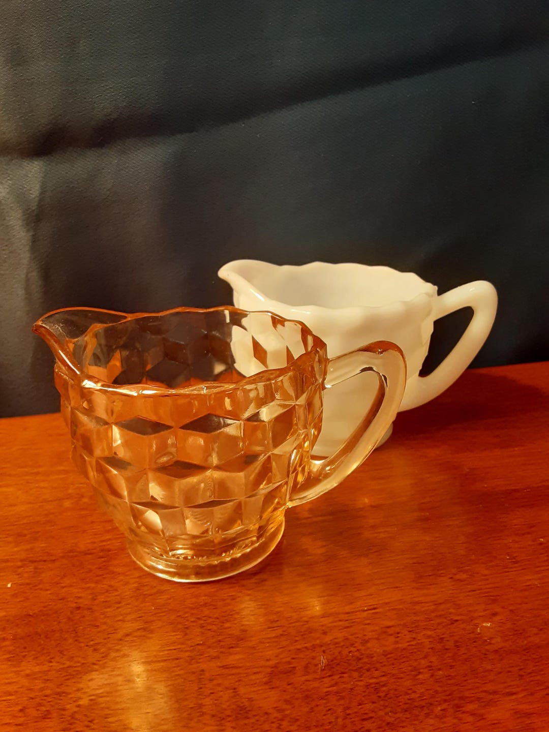 Set of 2 Jeannette Glass Cubist Pattern Creamers. 1 Pink Depression ...