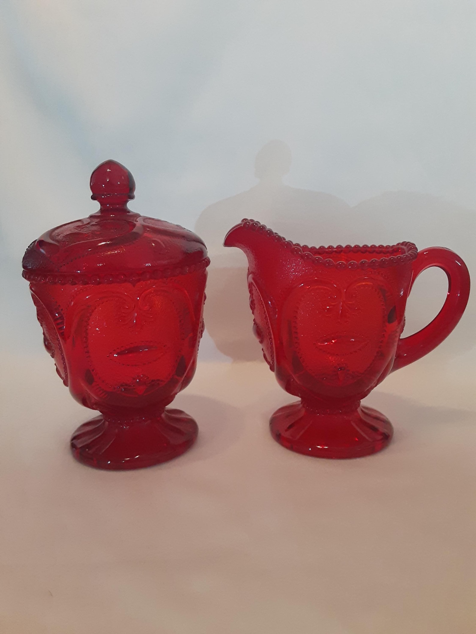 Mosser Glass Bright Ruby Red Cream & Sugar Service. Ornate Sweetheart ...