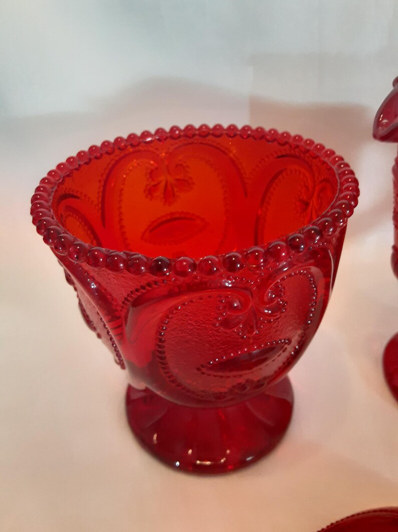 Mosser Glass Bright Ruby Red Cream & Sugar Service. Ornate Sweetheart ...