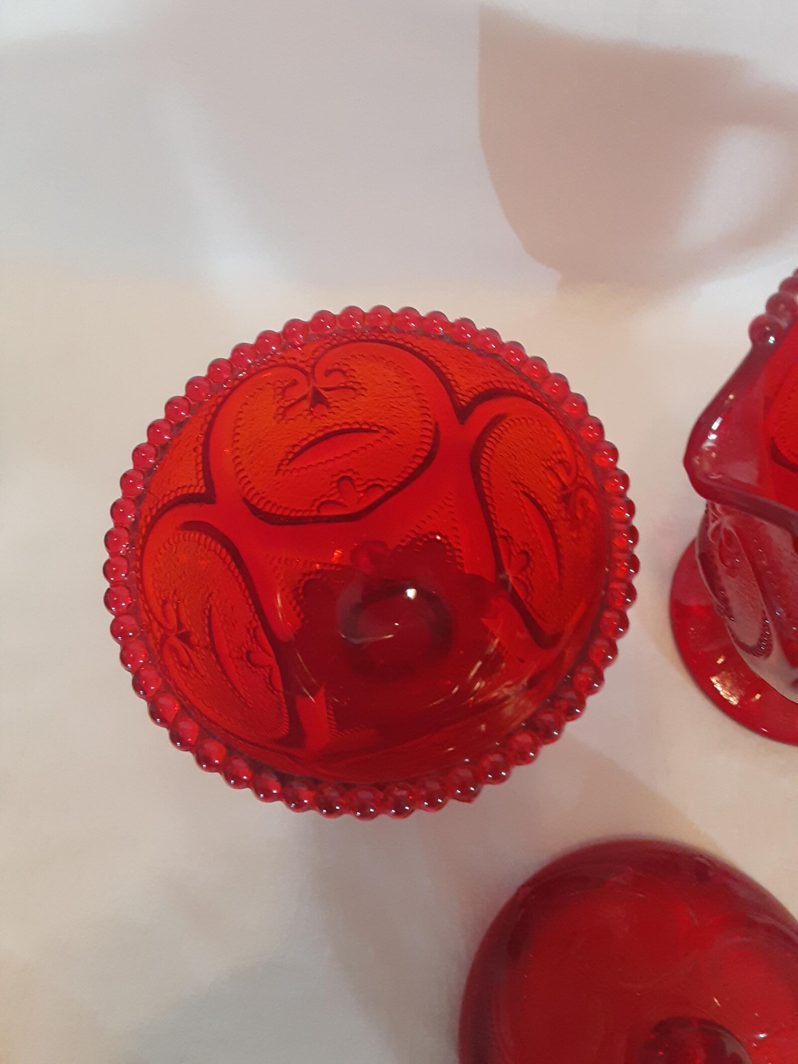 Mosser Glass Bright Ruby Red Cream & Sugar Service. Ornate Sweetheart ...