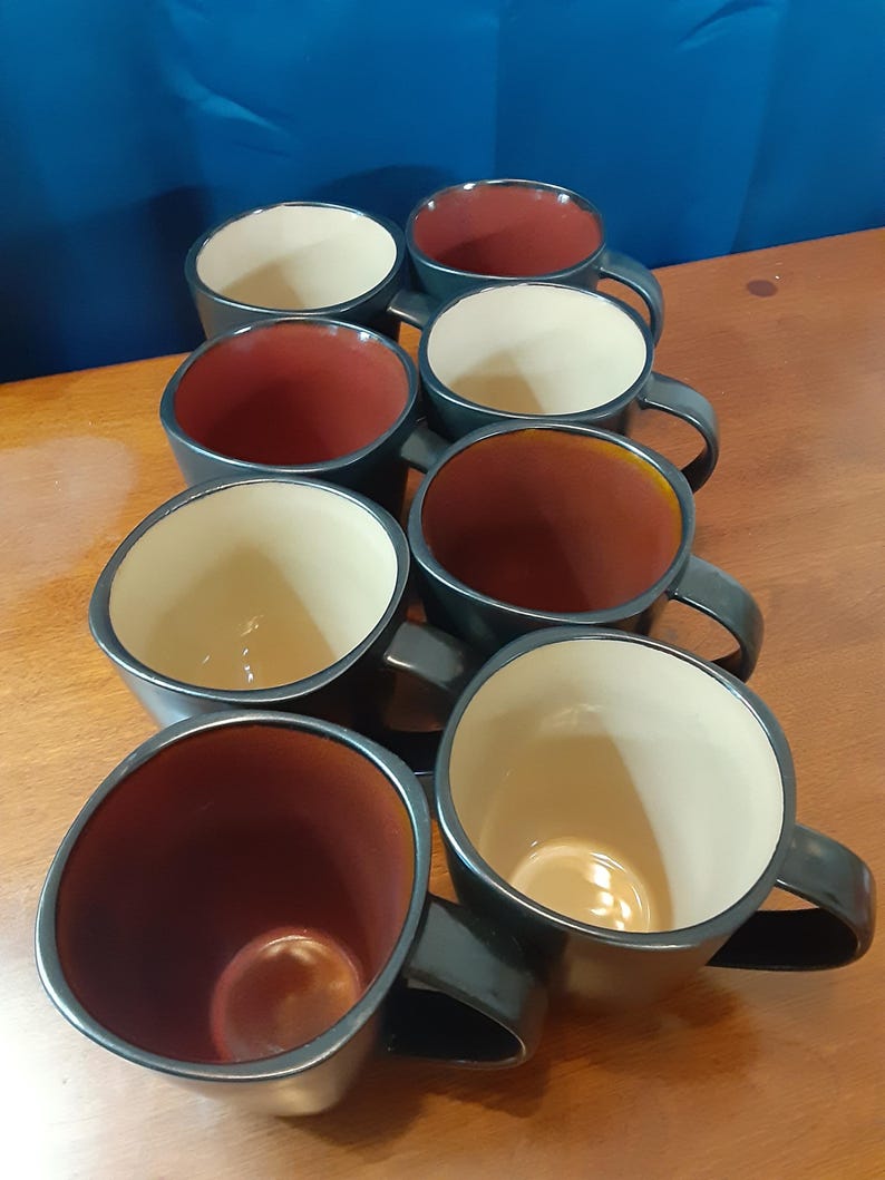 Set of 8 Rich Brown Satin-finish Squared Coffee Mugs. 4 Tan Inside ...